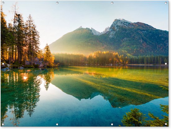 Muurdecoratie buiten Meer - Bos - Bergen - Natuur - Zon - Landschap ...