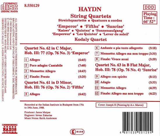 Haydn: String Quartets, Op 76 no 2-4 / Kodaly Quartet, Attila Falvay | CD (album) | Muziek | bol.com