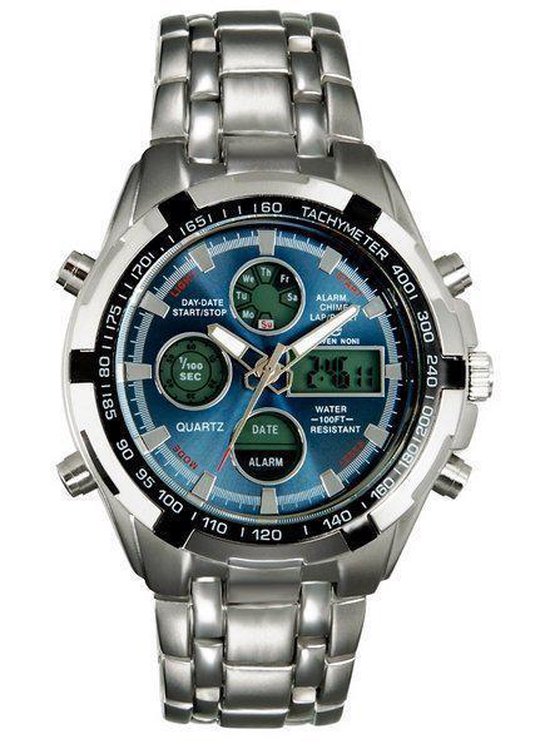 Quamer dual timezone herenhorloge 45mm zilver blauw | bol
