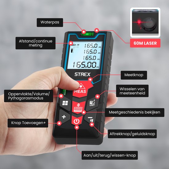 Strex Laser Afstandsmeter 60m - Digitale Lasermeter - IP54 water- en ...