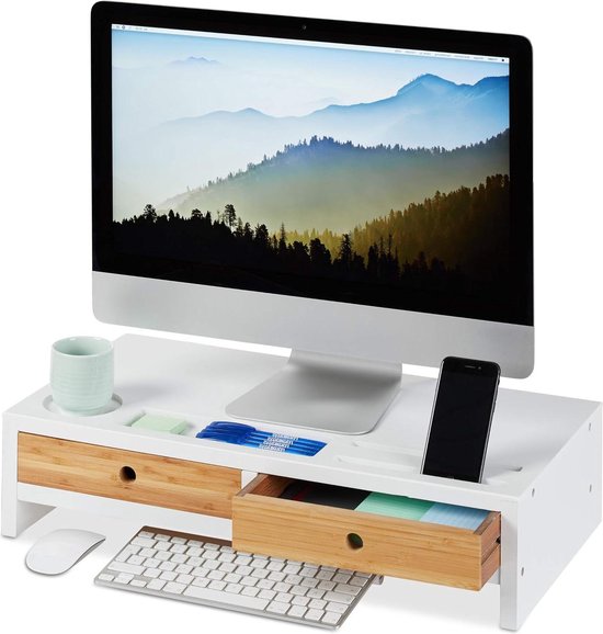 Monitor standaard bamboe 2 lades beeldschermverhoger voor laptops en ...