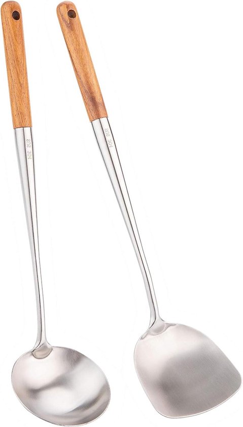 17 inch RVS Wok Spatel en Pollepel Set Wooden Spoons | bol