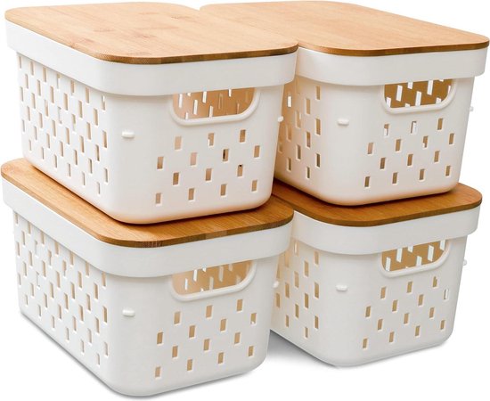 Opbergdozen met bamboe deksel - Set van 4 - Badkamer en keukenplanken ...