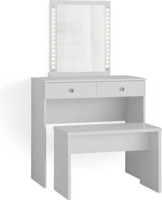 Vicco Make-uptafel set met kruk Elara, Wit, 80 cm met LED-verlichting ...
