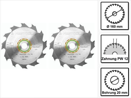 Festool 2x Panther cirkelzaagblad HW 160 x 2,2 x 20 mm PW12 160 mm 12 ...