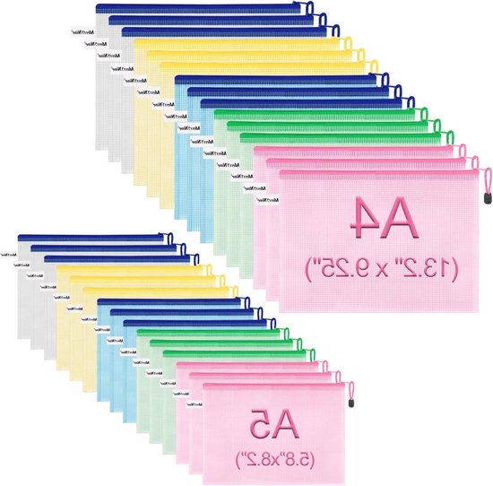 Documentzak Mesh Rits A4 - A5 Tas met Ritssluiting 15 Stuks 5 Kleuren ...