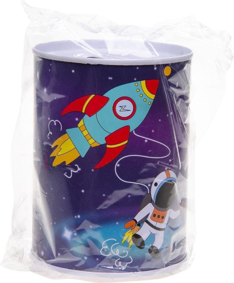 Blauwe spaarpot ruimte 7.5 x 10 cm - Blikken/metalen spaarpotten ruimte ...