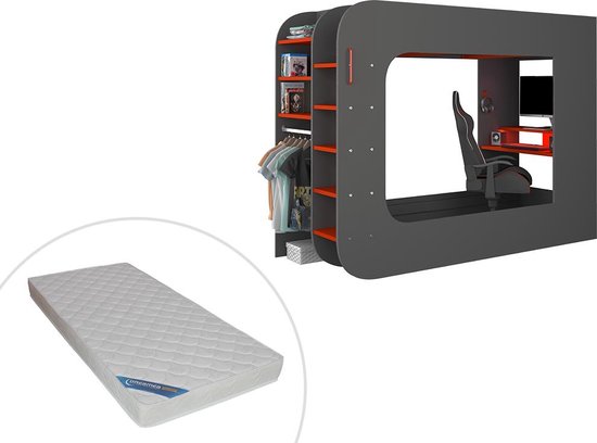 Hoogslaper 90 x 200 cm - Met game bureau en opbergruimte - LEDs ...