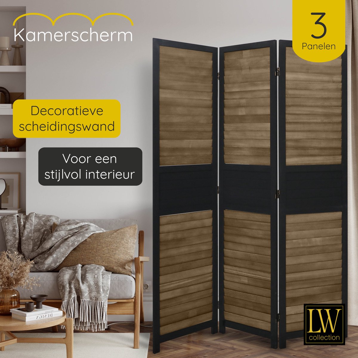 LW Collection Kamerscherm Zwart Bruin Hout - kamerschermen 3 panelen ...
