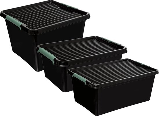 Set van 3x opbergbakken met deksel kunststof zwart | bol