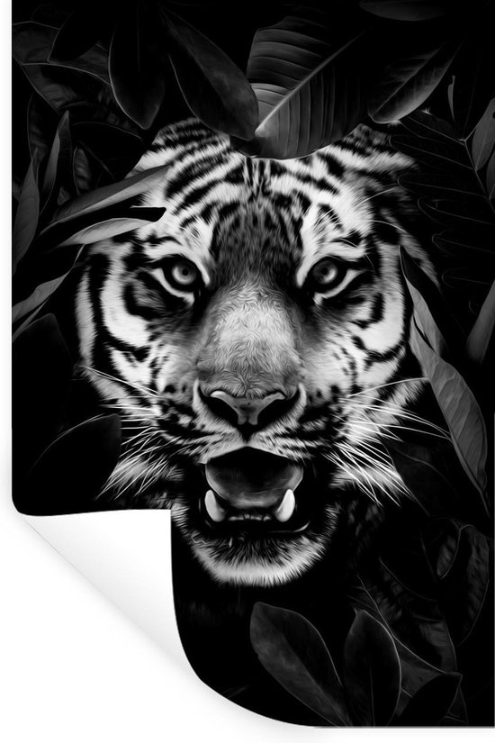 Muurstickers - Sticker Folie - Tijger met geopende bek tussen de bladeren - zwart wit... | bol