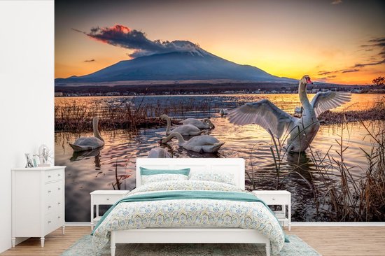 Behang - Fotobehang Zwanen - Berg - Vogels - Breedte 360 cm x hoogte ...