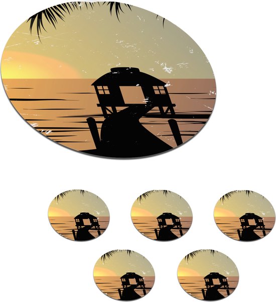 Onderzetters voor glazen - Rond - Hut - Pier - Zee - Tekening - 10x10 ...