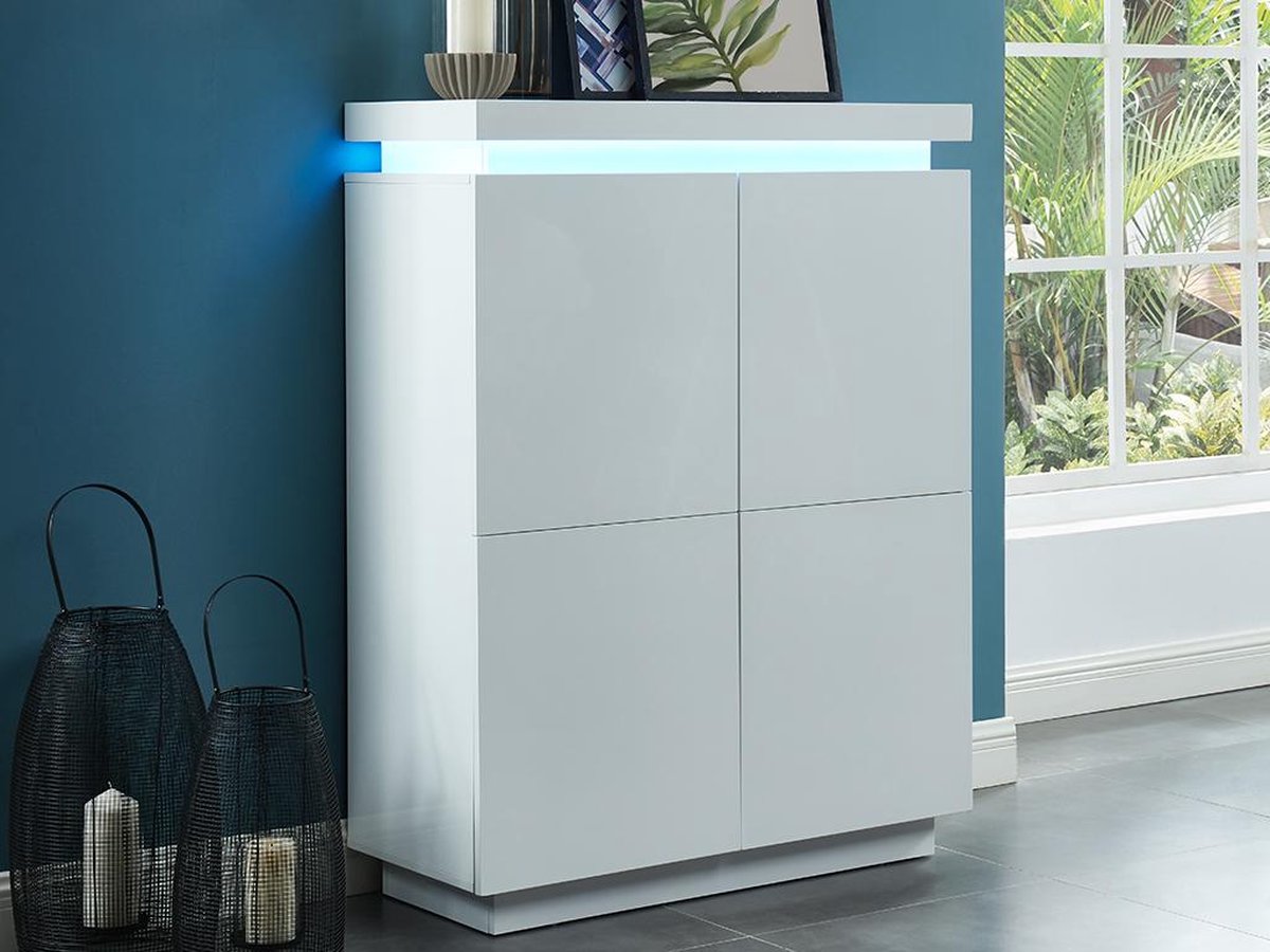 Hoge buffetkast EMERSON II - 4 deuren - Wit gelakt MDF - Met led ...