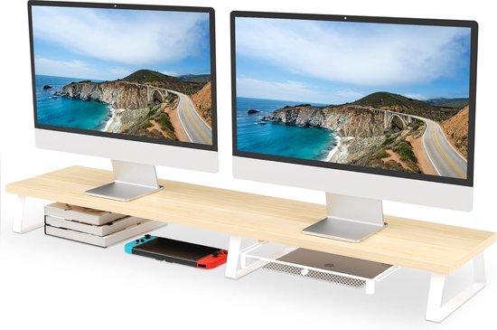 Grote bureau-monitorstandaard met lade, dubbele monitorstandaard voor ...