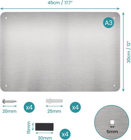 Belle Vous A3 Magnetic Stainless Steel Notice Board - 30 x 45cm/12 x 18 ...