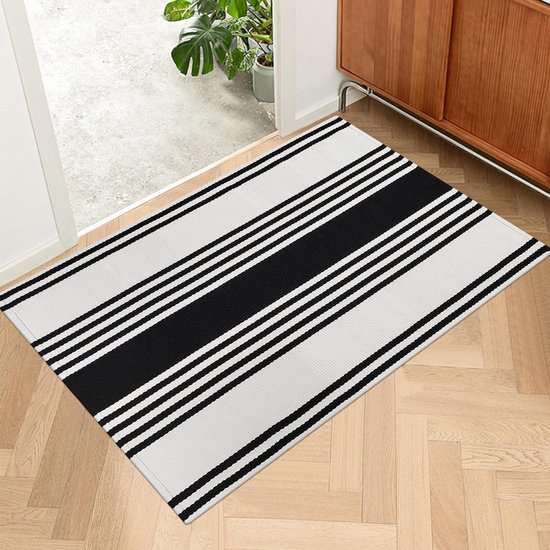 Zwart en wit gestreept outdoor tapijt, 60 x 90 cm, wasbaar, veranda ...