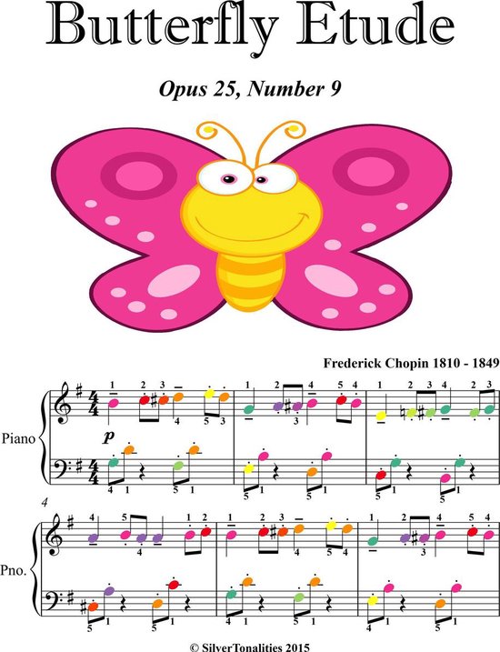Butterfly Etude Opus 25 Number 9 Easy Piano Sheet Music with Colored ...
