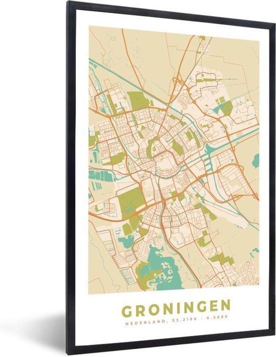 Fotolijst incl. Poster - Stadskaart - Groningen - Vintage - 20x30 cm ...