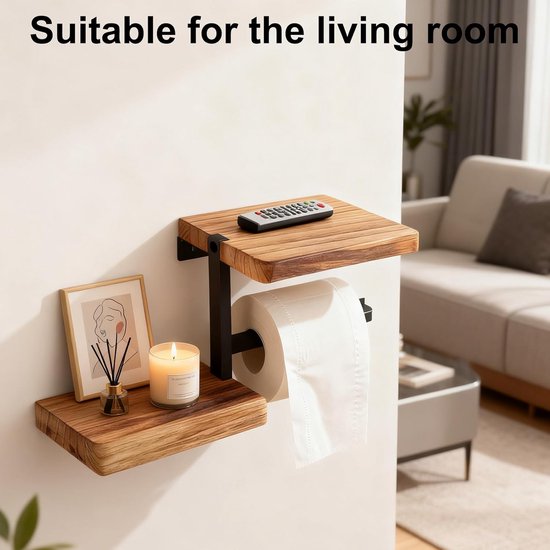 Wandgemonteerde WC-rolhouder met Houten Plank voor Opslag - Vintage ...