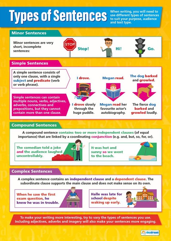 Poster Types Zinnen Engels Grammatica Educatief Klaslokaal A1 | bol