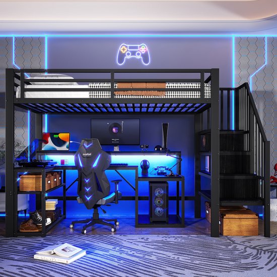 Sweiko Hoogslaper - 90 x 200 cm - Metalen frame - Opbergruimte - LED ...