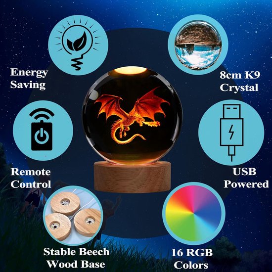 Dragon Night Light Crystal 3D Lamp - Met 16 kleuren - 8 x 10 x 8 cm ...