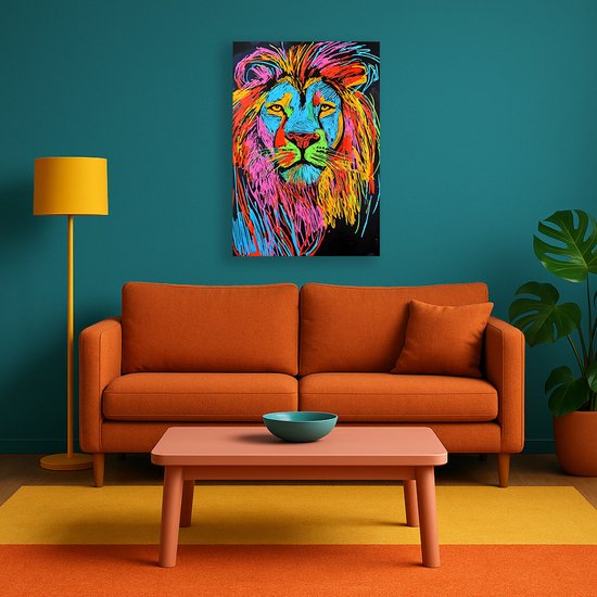 Neon leeuw - Kunstobject - Canvas schilderij - 75x100 cm | bol