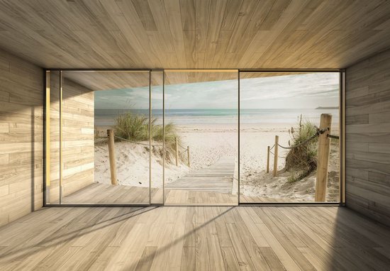 Fotobehang - Vlies Behang - 3D Raamzicht op de Duinen naar het Strand ...