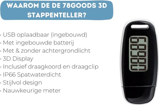 78Goods 3D Stappenteller - met Clip en Draagkoord - USB Oplaadbaar ...