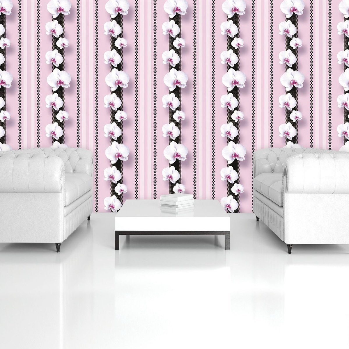 Fotobehang - Vlies Behang - Orchideeën op Luxe Roze Patroon - 208 x 146 ...