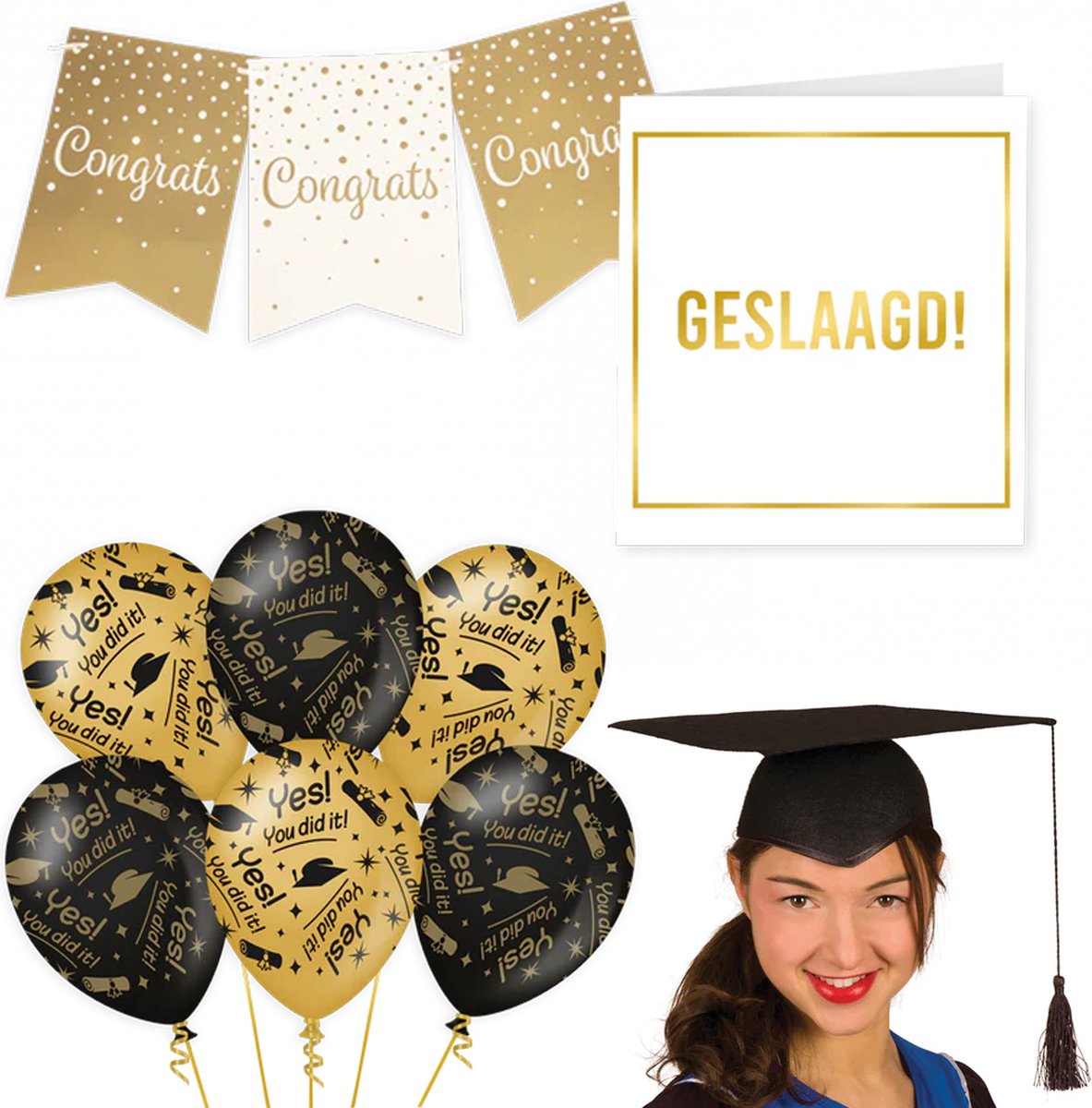 Geslaagd versiering pakket (9-delig) - 1x Congrats vlag / slinger - 6x ...