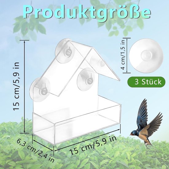 Vogelvoederdispenser vogelhuisje raam zuignap acryl met 3 zuignappen ...