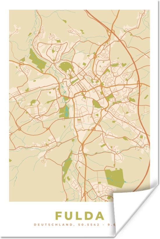 Poster Plattegrond - Fulda - Vintage - Kaart - Stadskaart - 80x120 cm ...
