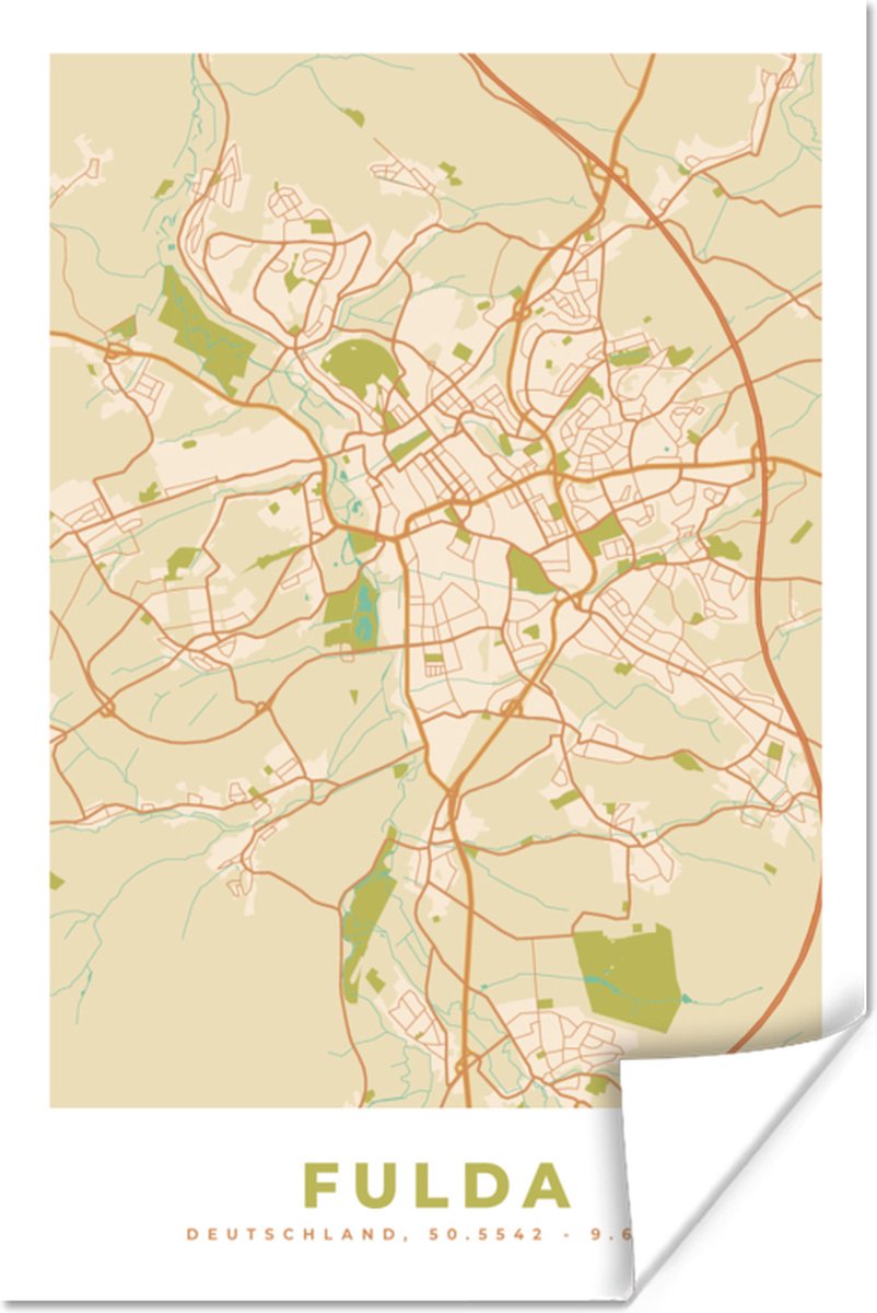 Poster Plattegrond - Fulda - Vintage - Kaart - Stadskaart - 80x120 cm ...