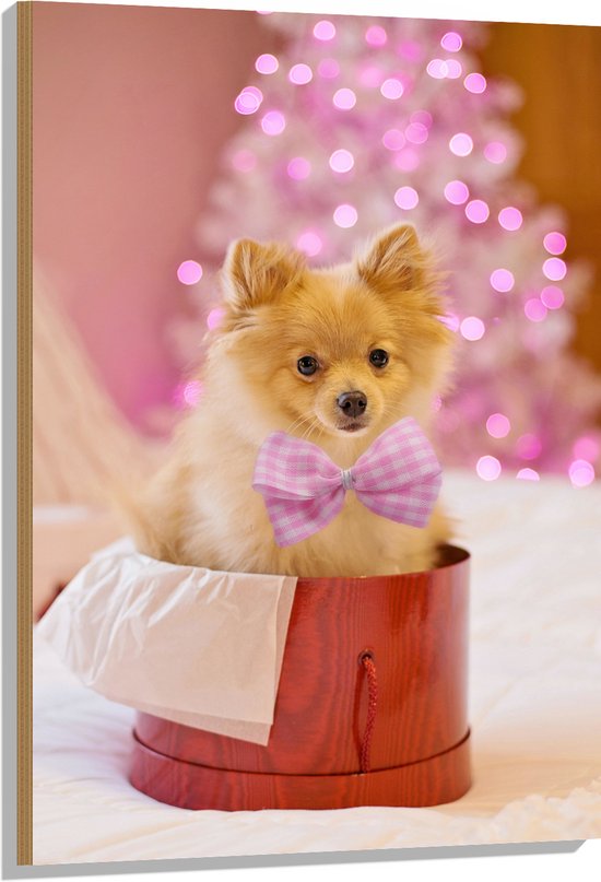 Hout - Bruin Hondje met Roze Strik - 70x105 cm - 9 mm dik - Foto op ...