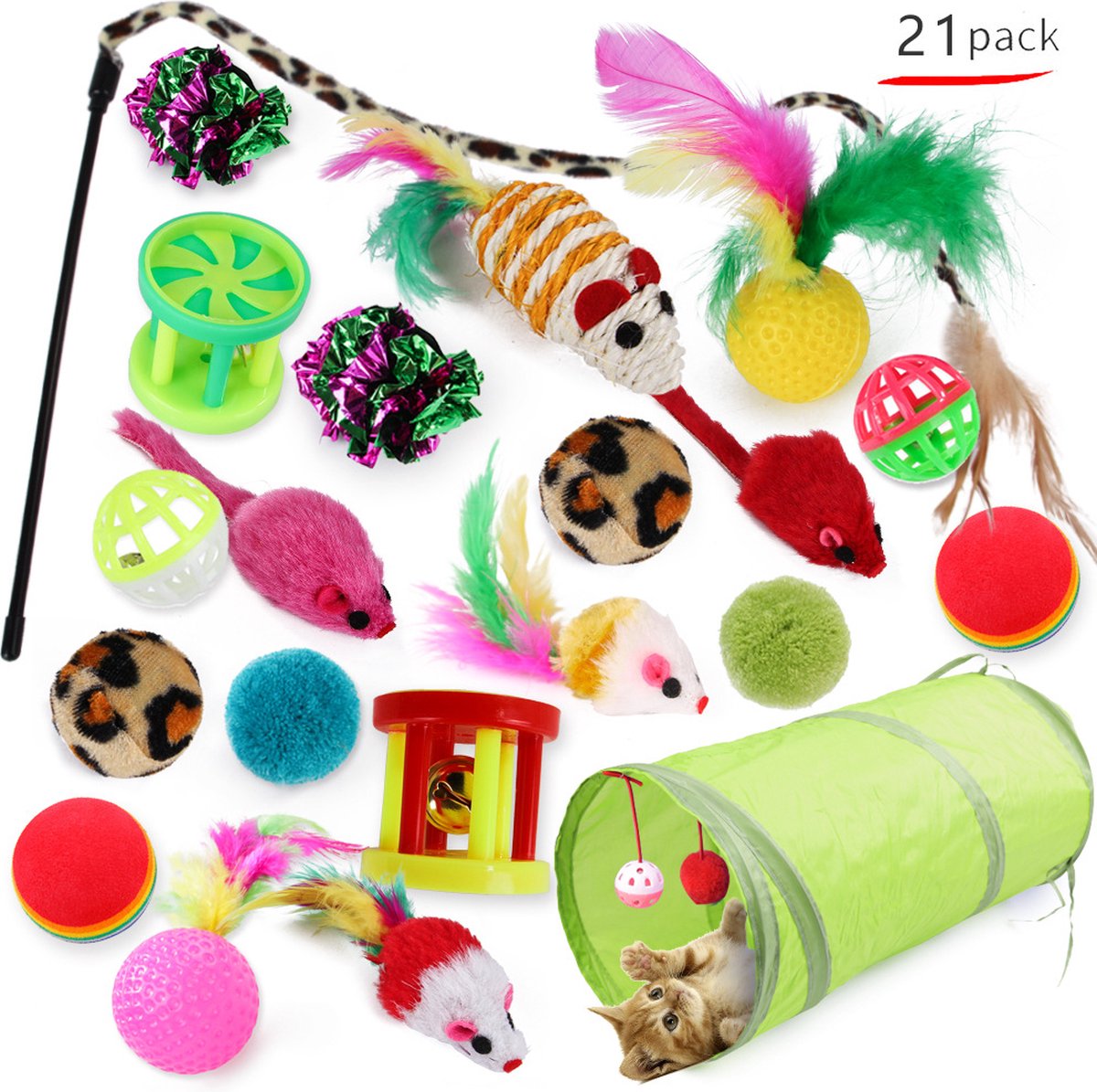 Kattenspeeltjes Set - 21 Stuks Kattenspeelgoed - Kattenhengel - Muis ...