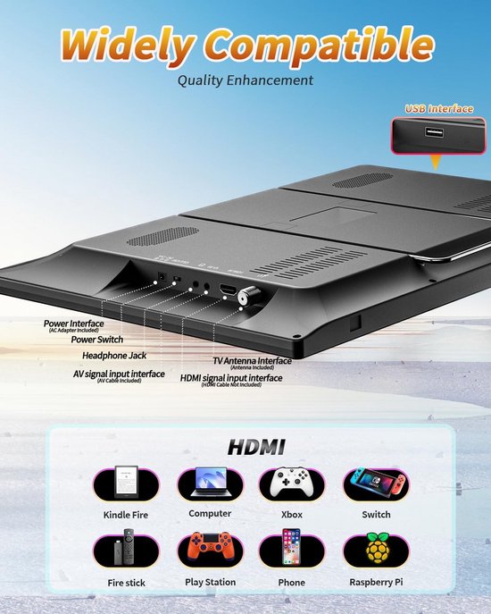 19 inch Mini TV met DVB-T2 Tuner, Full HD Draagbare Televisie voor Auto ...