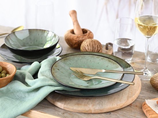 16-Delig Aardewerk Servies Set Groen – Stapelbaar en ...