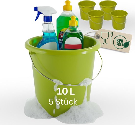 Set van 5 Groene Emmer 10 Liter met Maatverdeling voor Huishouden en ...