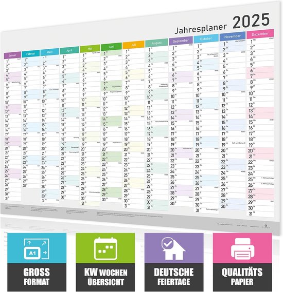 XXL Jaarkalender 2025 - Wandplanner A1 met Kalenderweken en Feestdagen ...