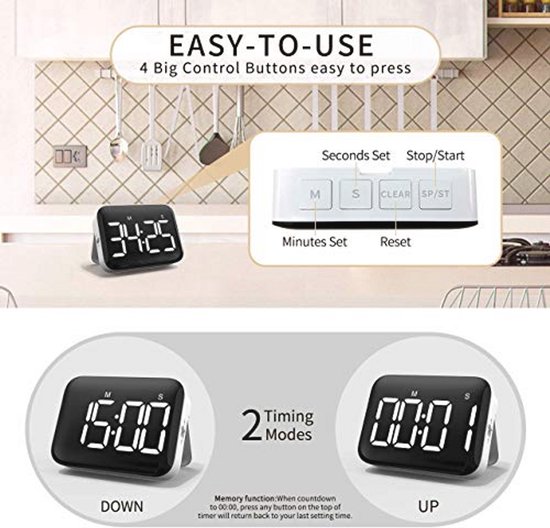 Digitale Keukentimer met Groot LED-display - Magnetisch, Instelbare ...