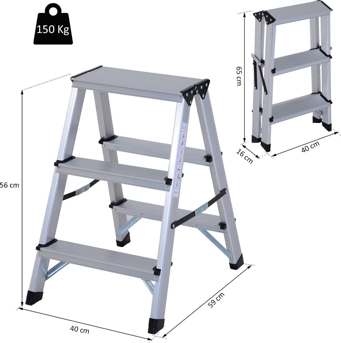 HOMCOM Opstapje ladder inklapbaar 3 treden alu 59 x 40 x 56 cm | bol.com
