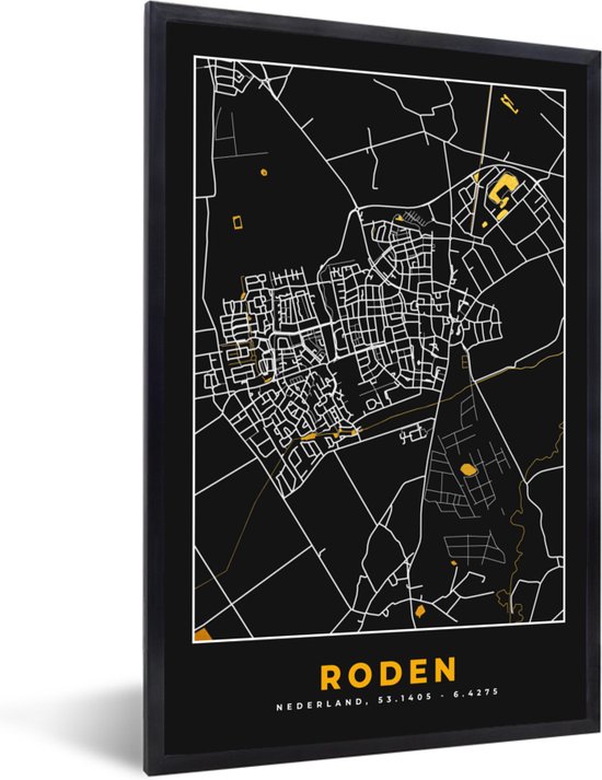 Fotolijst incl. Poster - Roden - Stadskaart - Black and Gold - Kaart ...