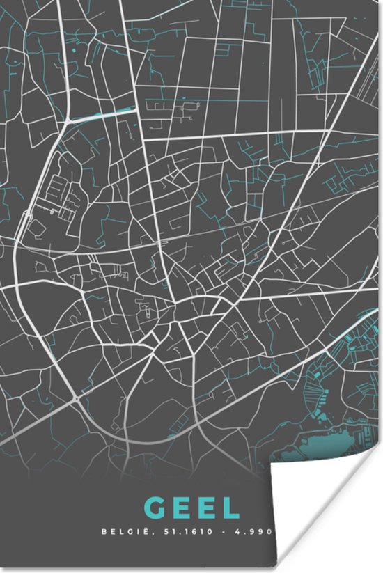 Poster Kaart – Plattegrond – Stadskaart – Geel – België - Grijs - 60x90 ...