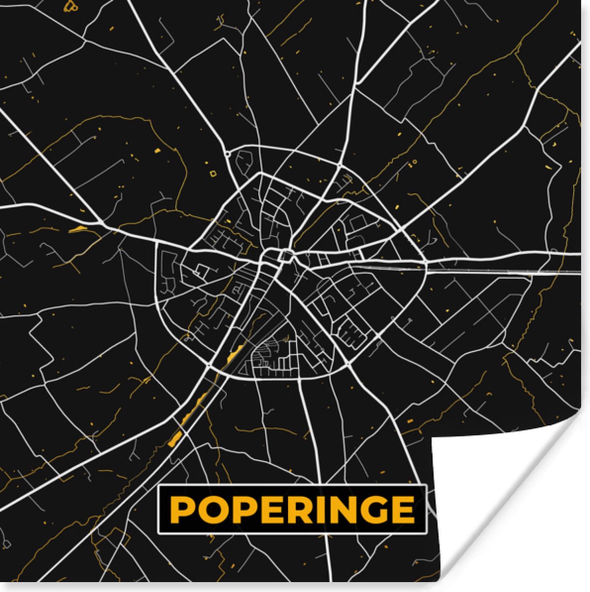 Poster Stadskaart - Poperinge - Black en gold - Plattegrond - Kaart ...