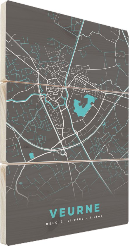 Wanddecoratie hout - België – Veurne – Stadskaart – Kaart – Blauw ...