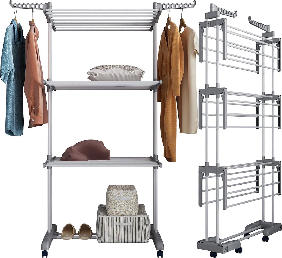 Droogrek met wieltjes, opvouwbare bodem, ruimtebesparende toren ...