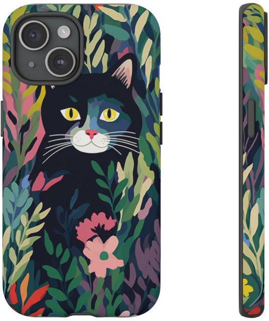 Zwarte Kat Tussen Kleurrijke Bloemen – Telefoonhoesje Geschikt voor ...