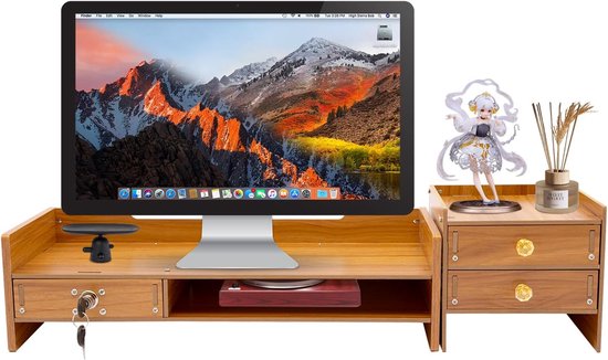 Monitorstandaard van Hout met Laden | Bureauopzetstuk voor Computer en ...